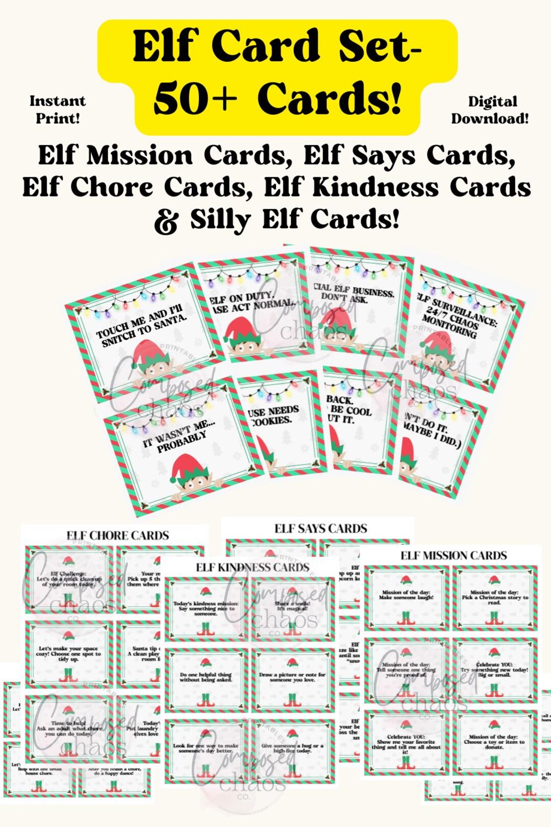 Elf Cards 50+ Printable Notes, Missions, Chore Cards, Kindness Cards ...
