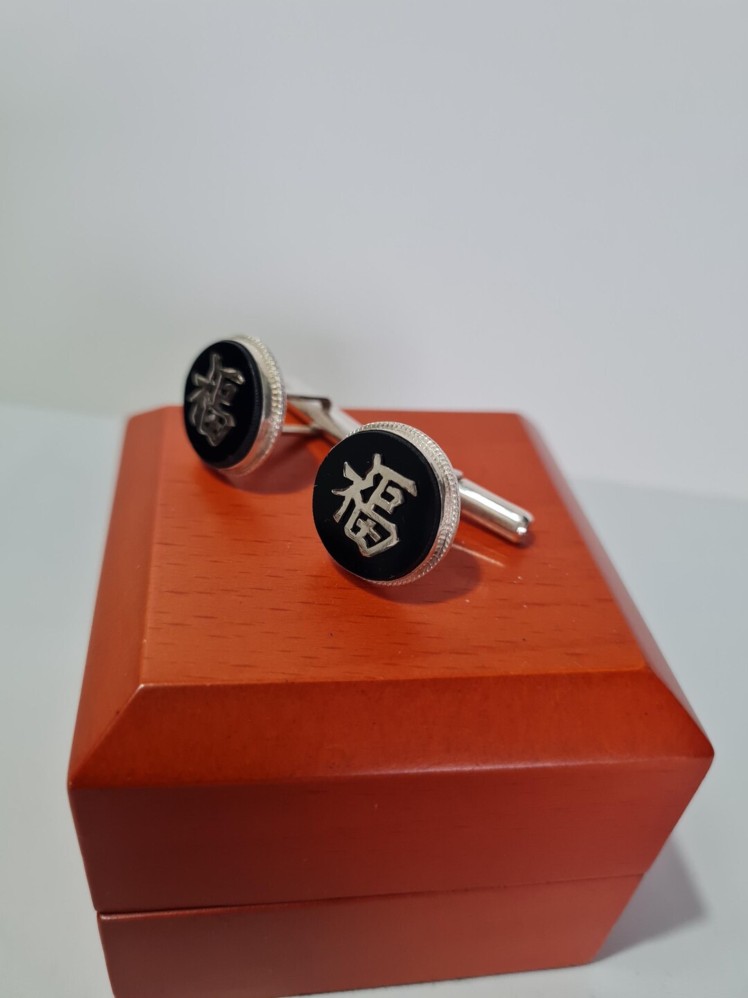 Vintage Sterling Silver and Black Glass Chinese Character Pair of ...