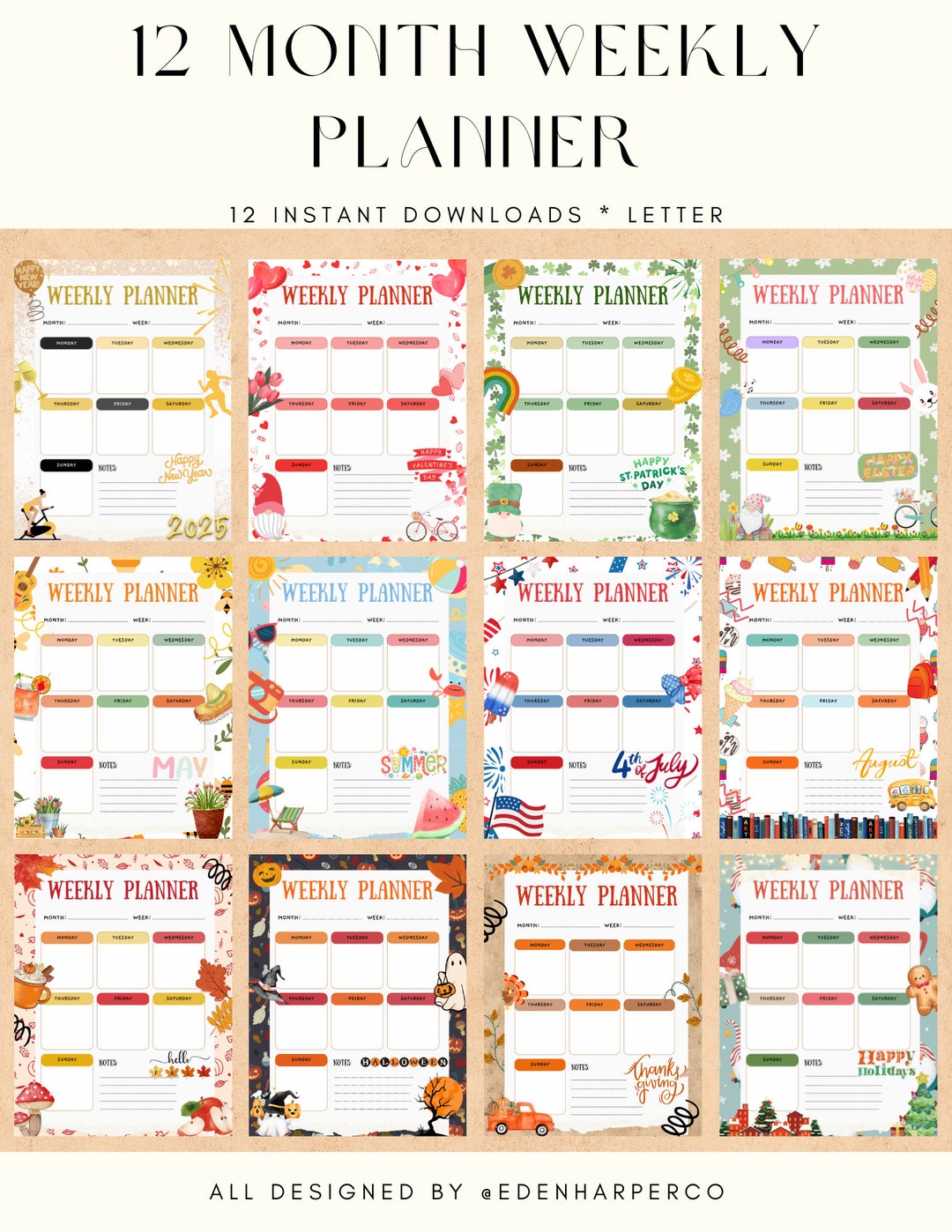 Teacher Weekly Planner Printable. 12 Month Calendar Printable. 2025 ...