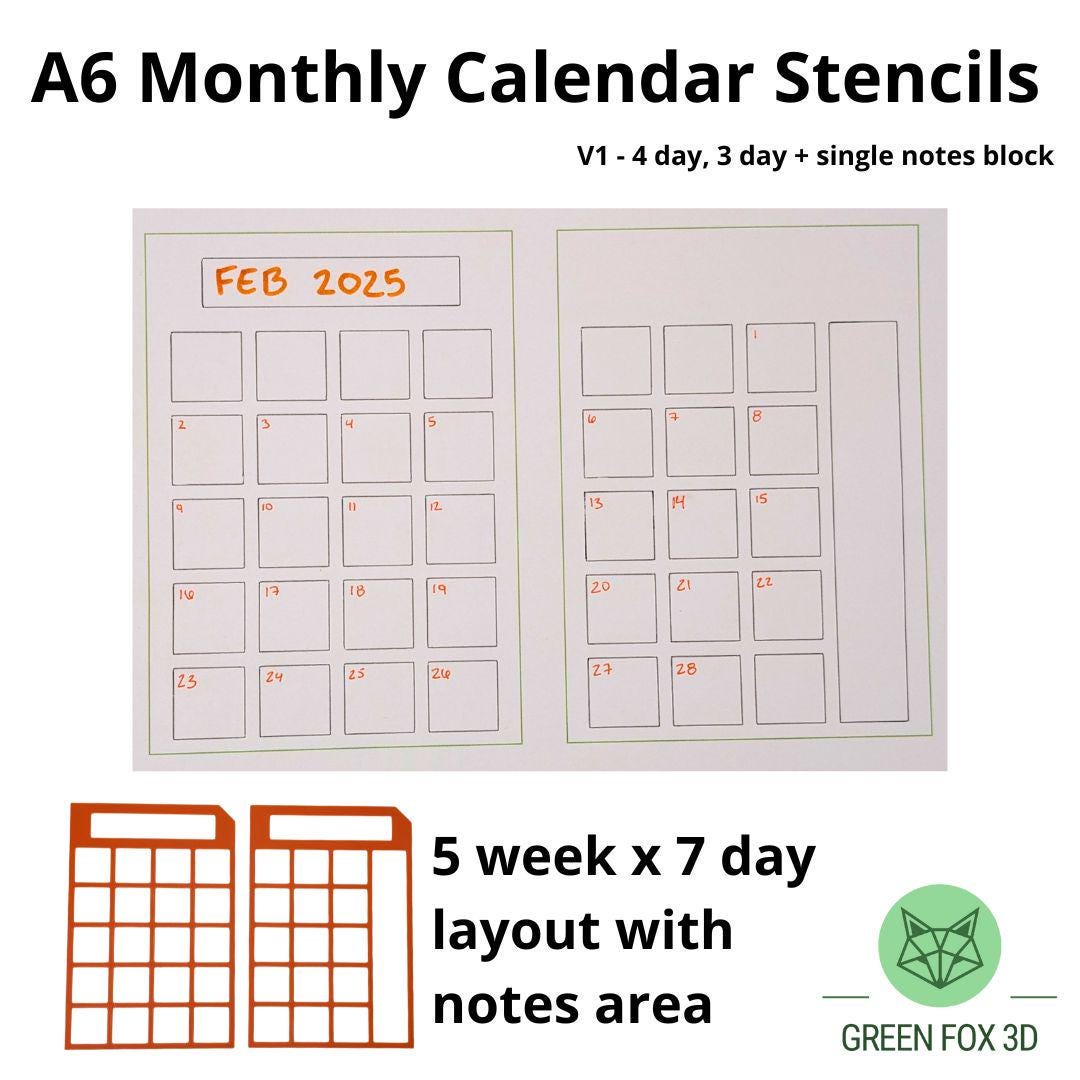 A6 or B6 Monthly Calendar 2 Page Stencil Bullet Journal Monthly ...