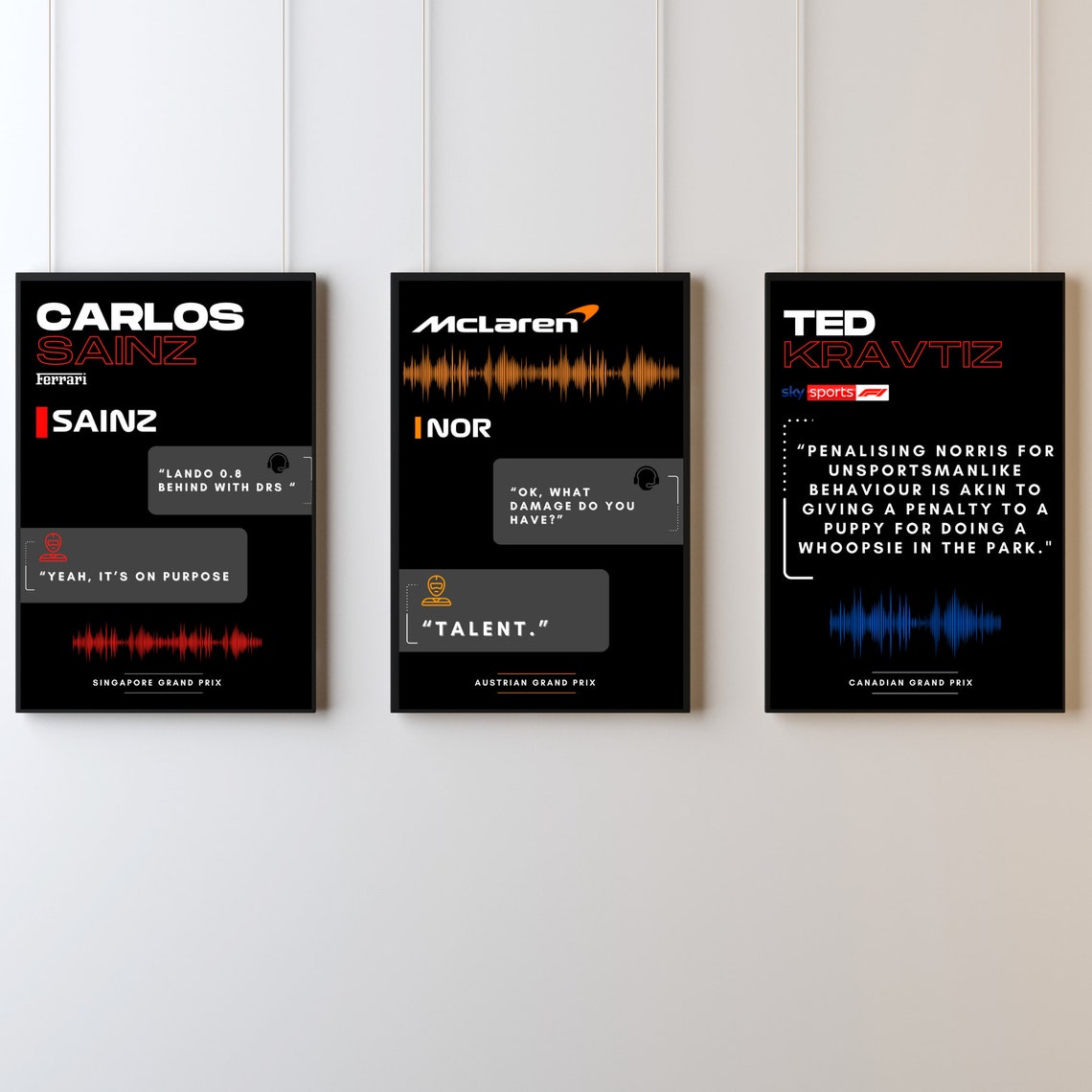 Set of Formula 1 Radio Prints, Carlos Sainz, Charles Leclerc, Lando ...