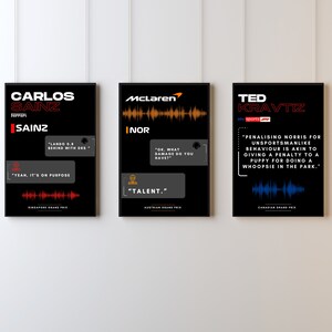 Set of Formula 1 Radio Prints, Carlos Sainz, Charles Leclerc, Lando Norris, Ted Kravitz, F1 Team ...