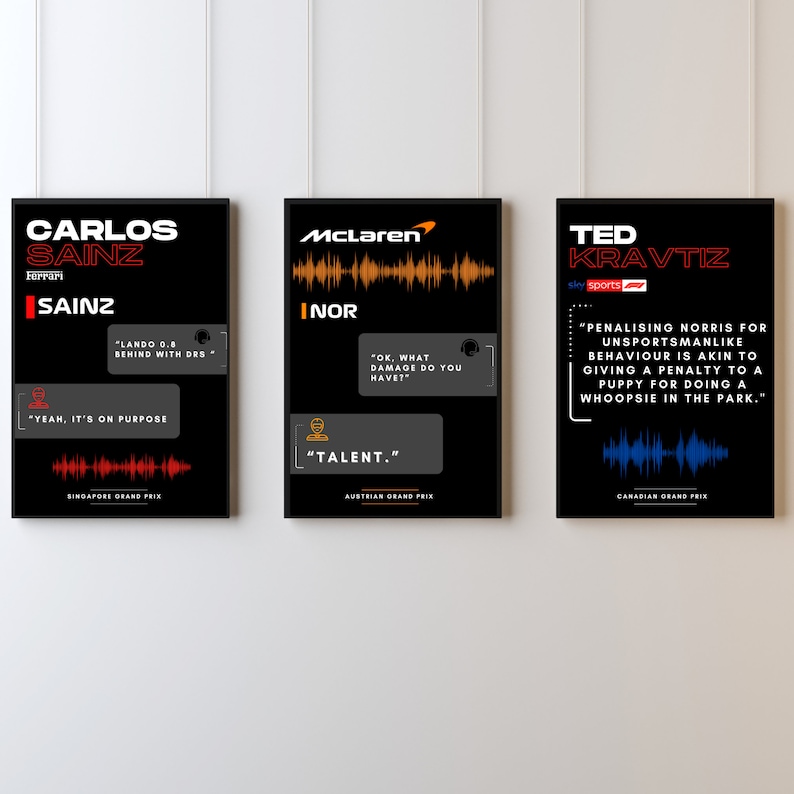 Set of Formula 1 Radio Prints, Carlos Sainz, Charles Leclerc, Lando ...