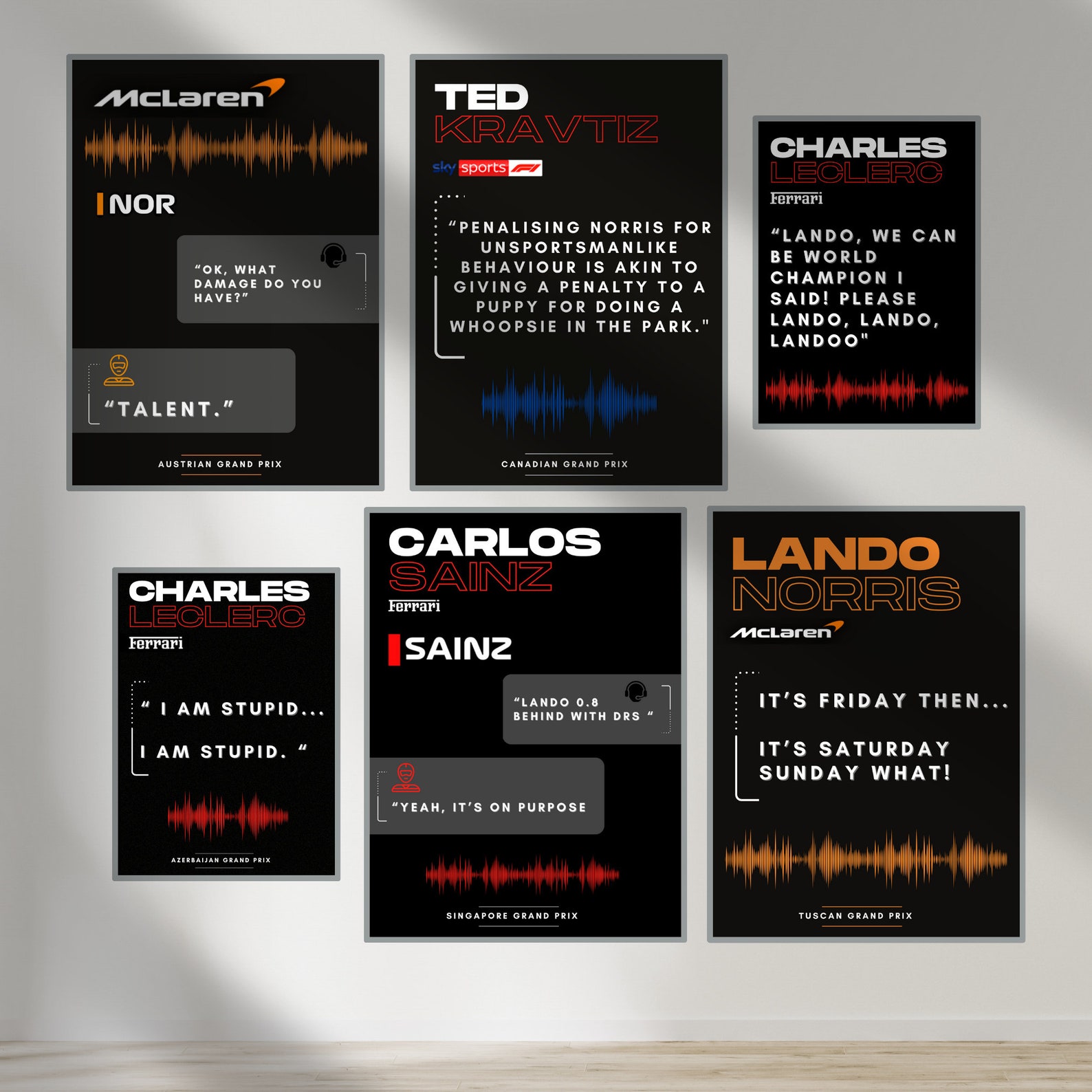 Set of Formula 1 Radio Prints, Carlos Sainz, Charles Leclerc, Lando ...