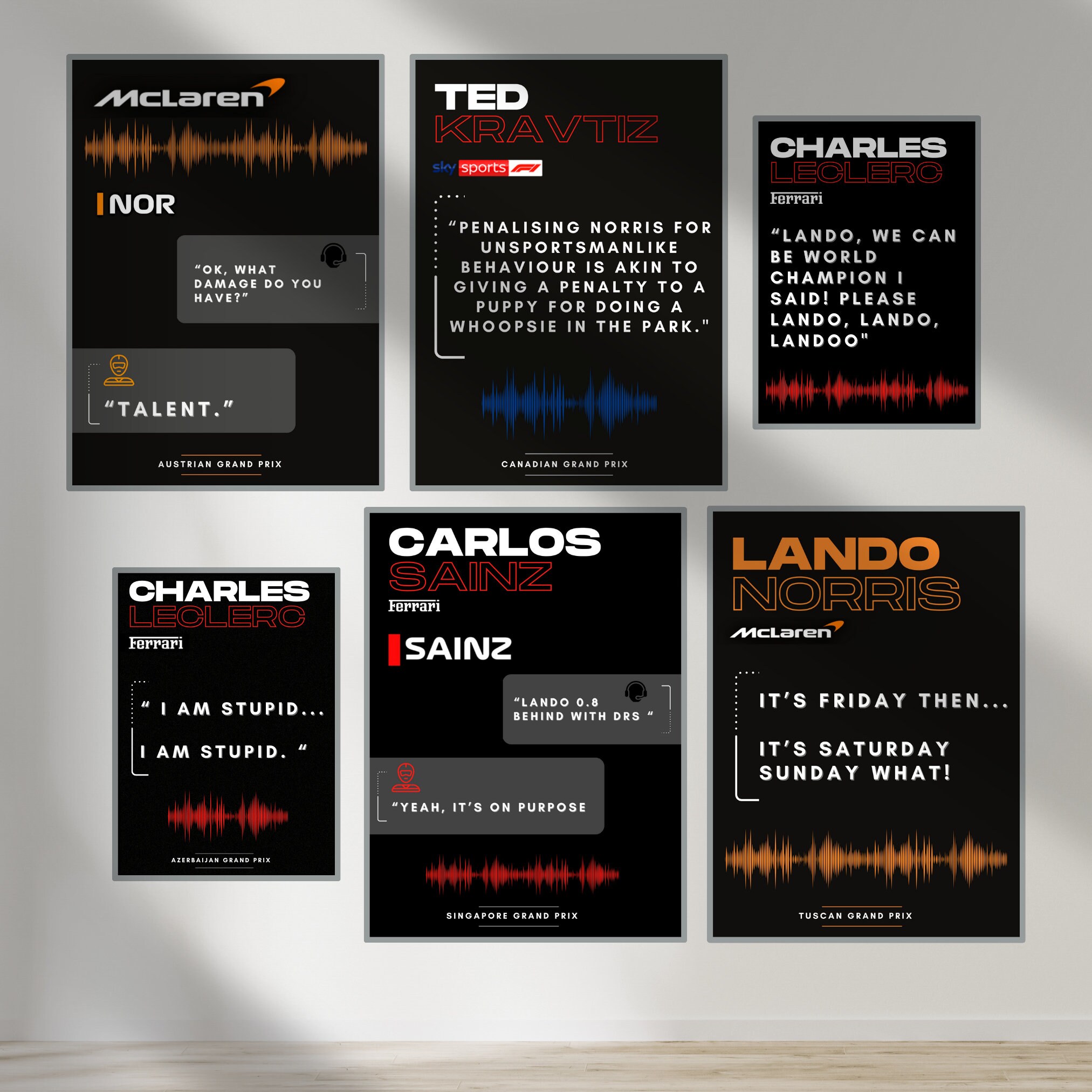 Set of Formula 1 Radio Prints, Carlos Sainz, Charles Leclerc, Lando ...