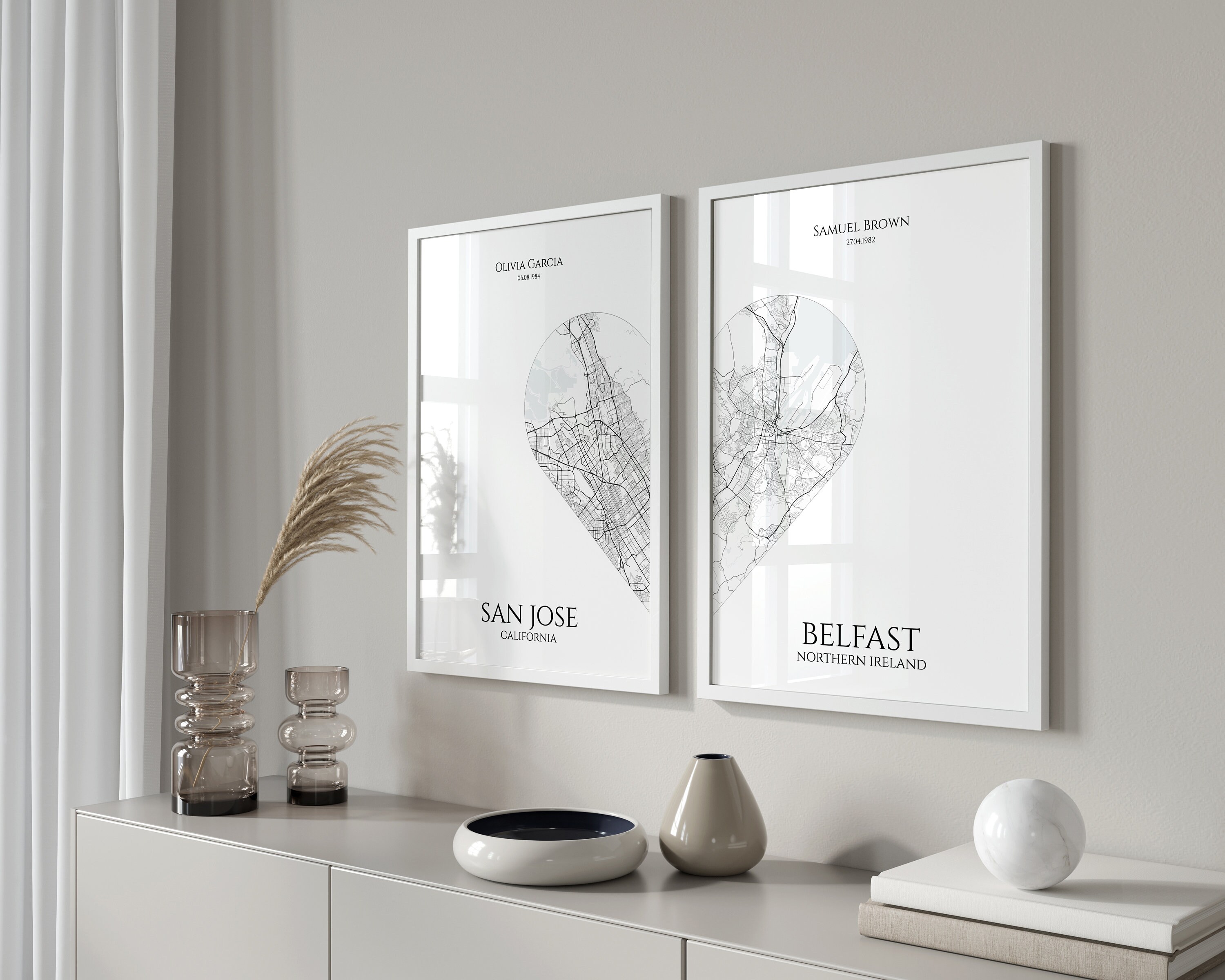 Set of 2 Custom City Map Wall Art Gift for Couples, Custom Locations ...