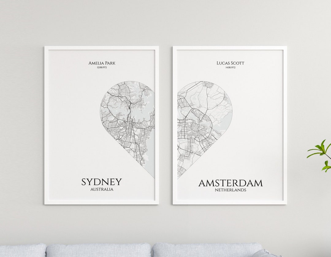 Set of 2 Custom City Map Wall Art Gift for Couples, Custom Locations ...