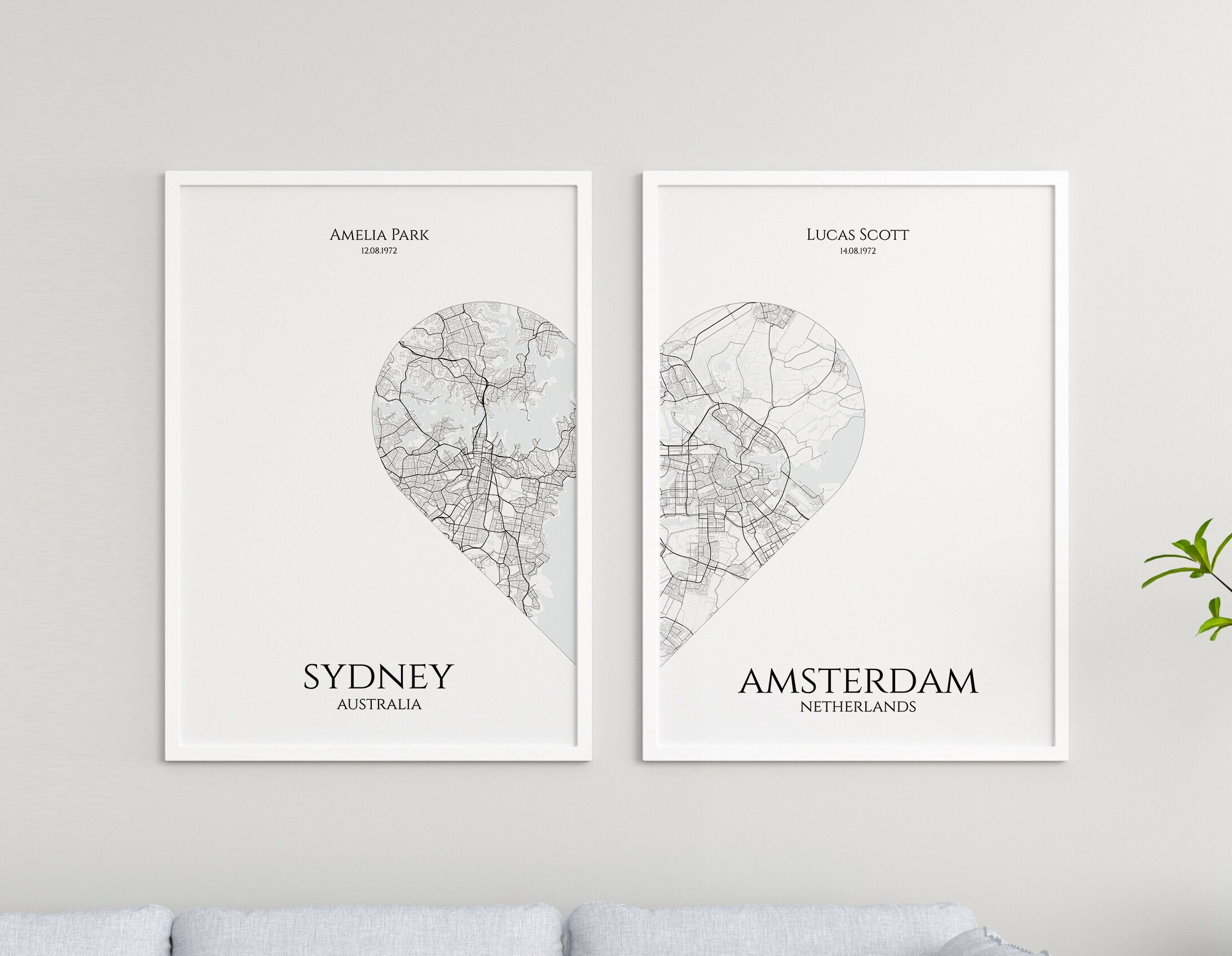 Set of 2 Custom City Map Wall Art Gift for Couples, Custom Locations ...