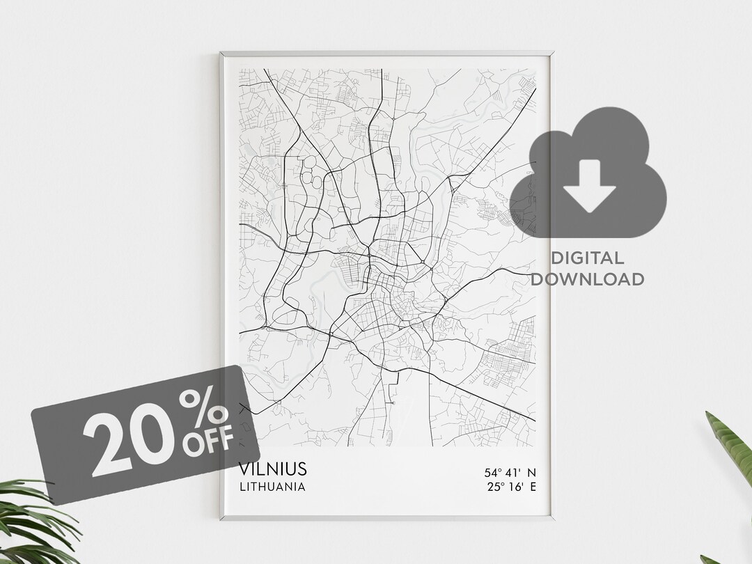 Vilnius City Map, Vilnius Wall Art, Lithuania Wall Art Print, Baltic ...