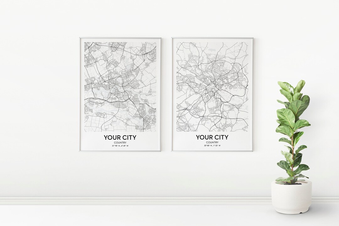 Set of 2 Custom City Map Prints, Personalized City Map Wall Art, Any ...