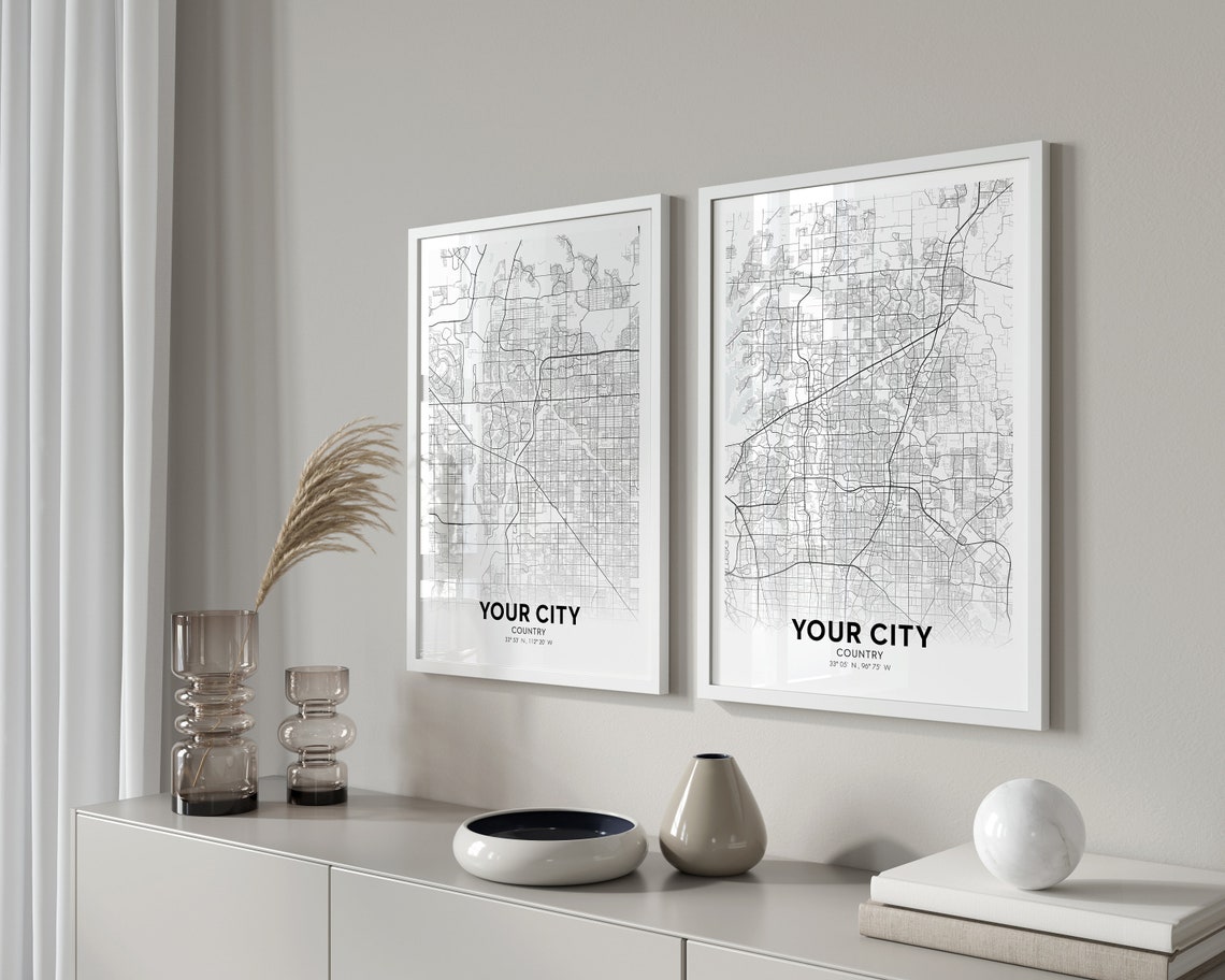 Digital Download Set of 2 Custom City Map Prints, Minimalist Custom ...