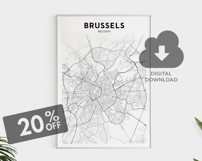 BRUSSELS Belgium CITY MAP Road Map of Brussels Map Print Minimalist ...
