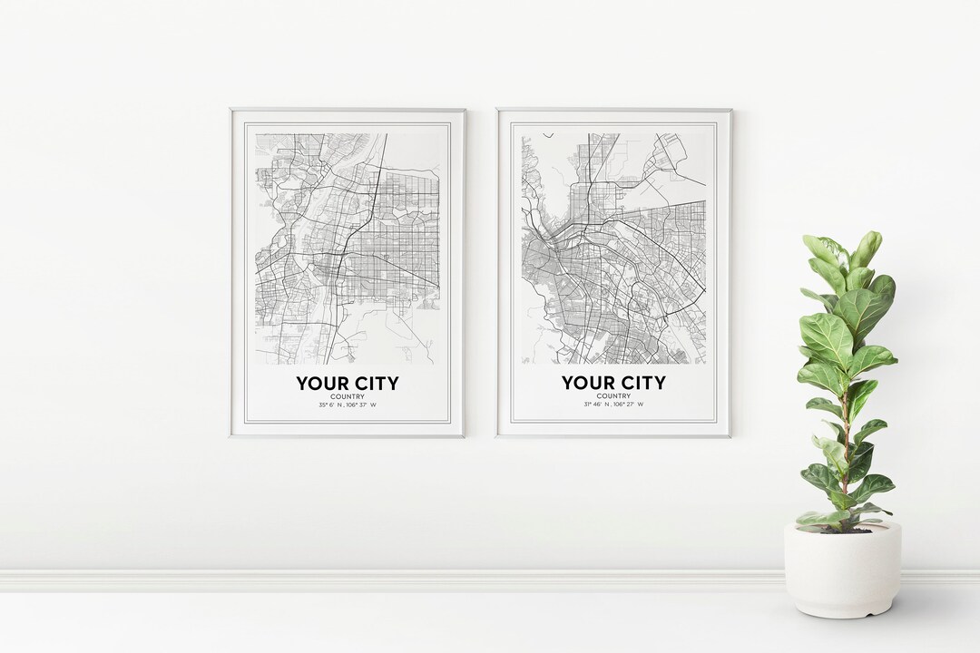 Set of 2 Custom Map Posters, Custom City Map Prints, Personalized Map ...