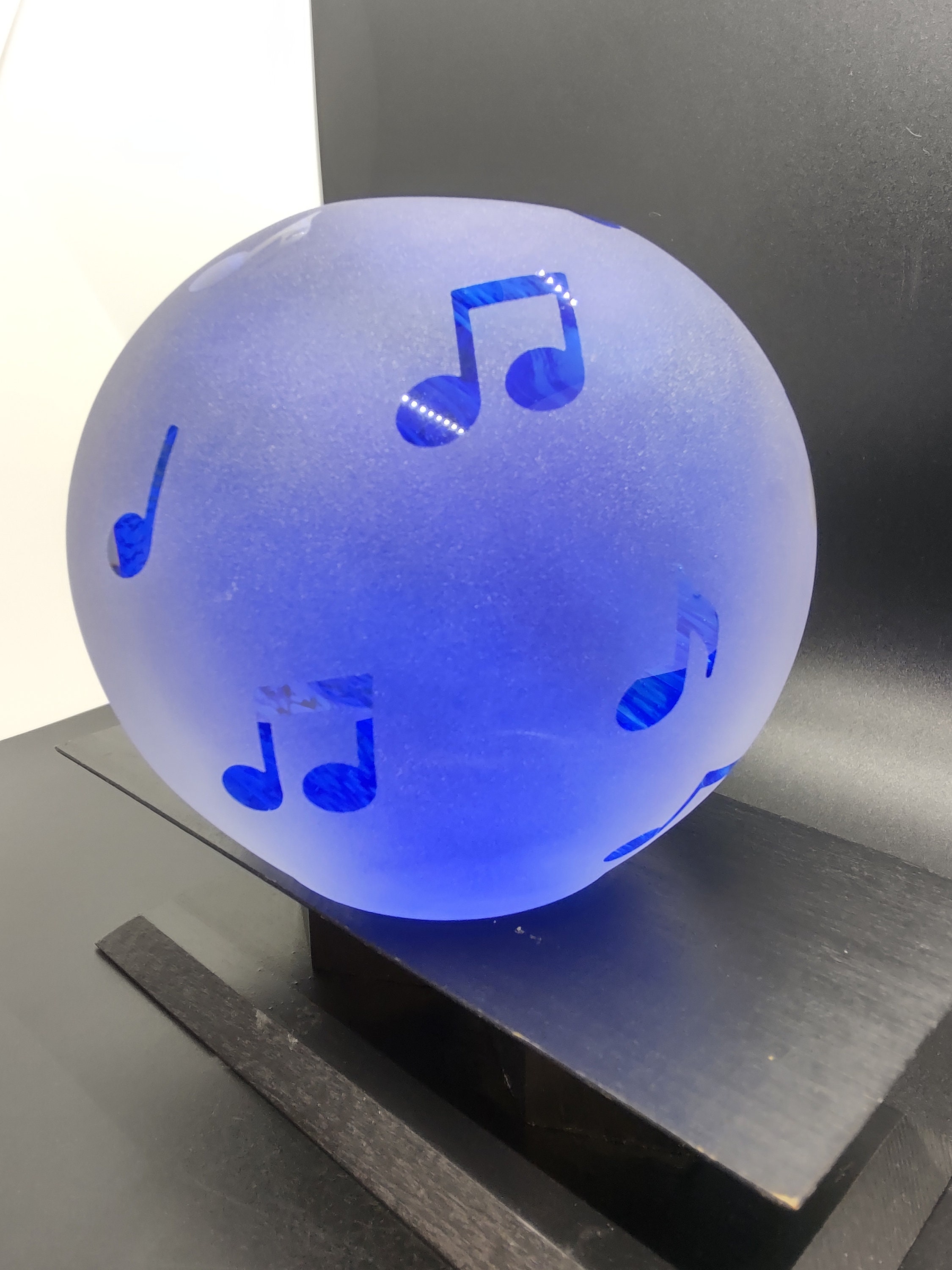 Blue Frosted Hand Blown Glass Paperweight With Musical Notes, Excellent ...