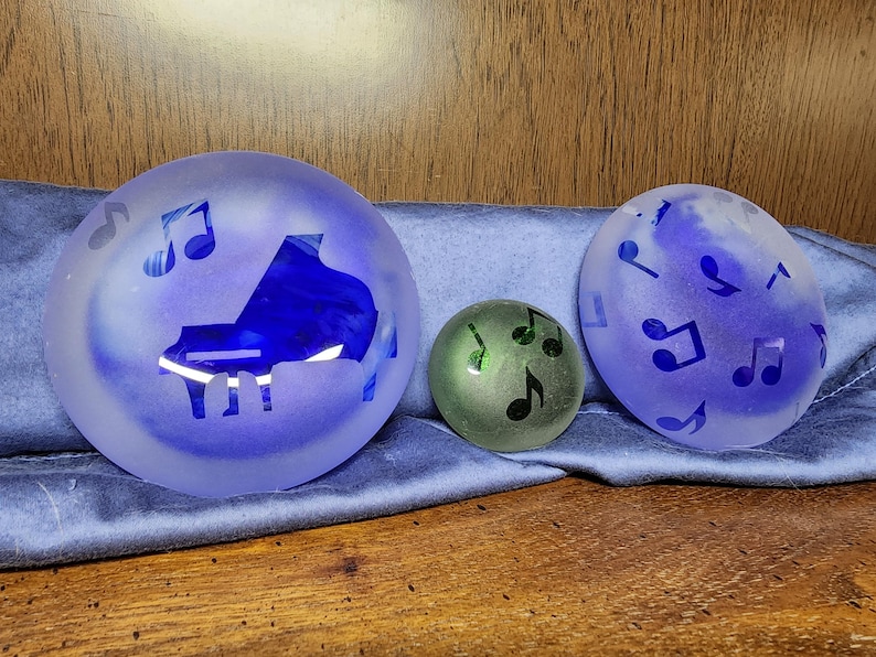 Music Notes Theme Frosted Glass Paperweight Trio - Hand-blown Desk ...