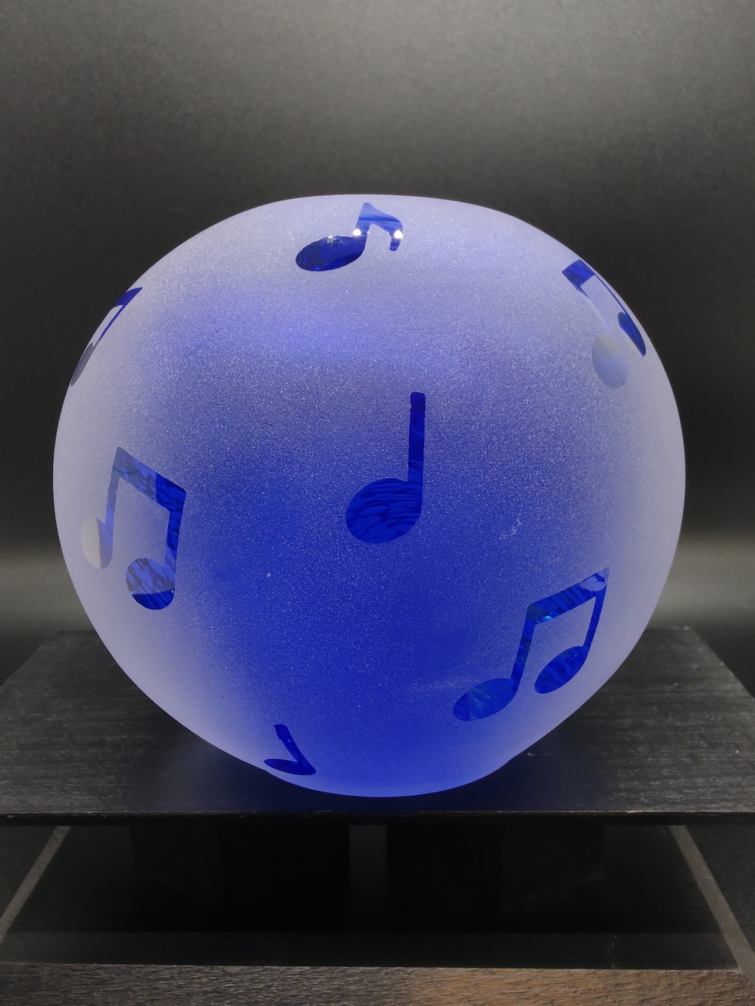 Blue Frosted Hand Blown Glass Paperweight With Musical Notes, Excellent ...
