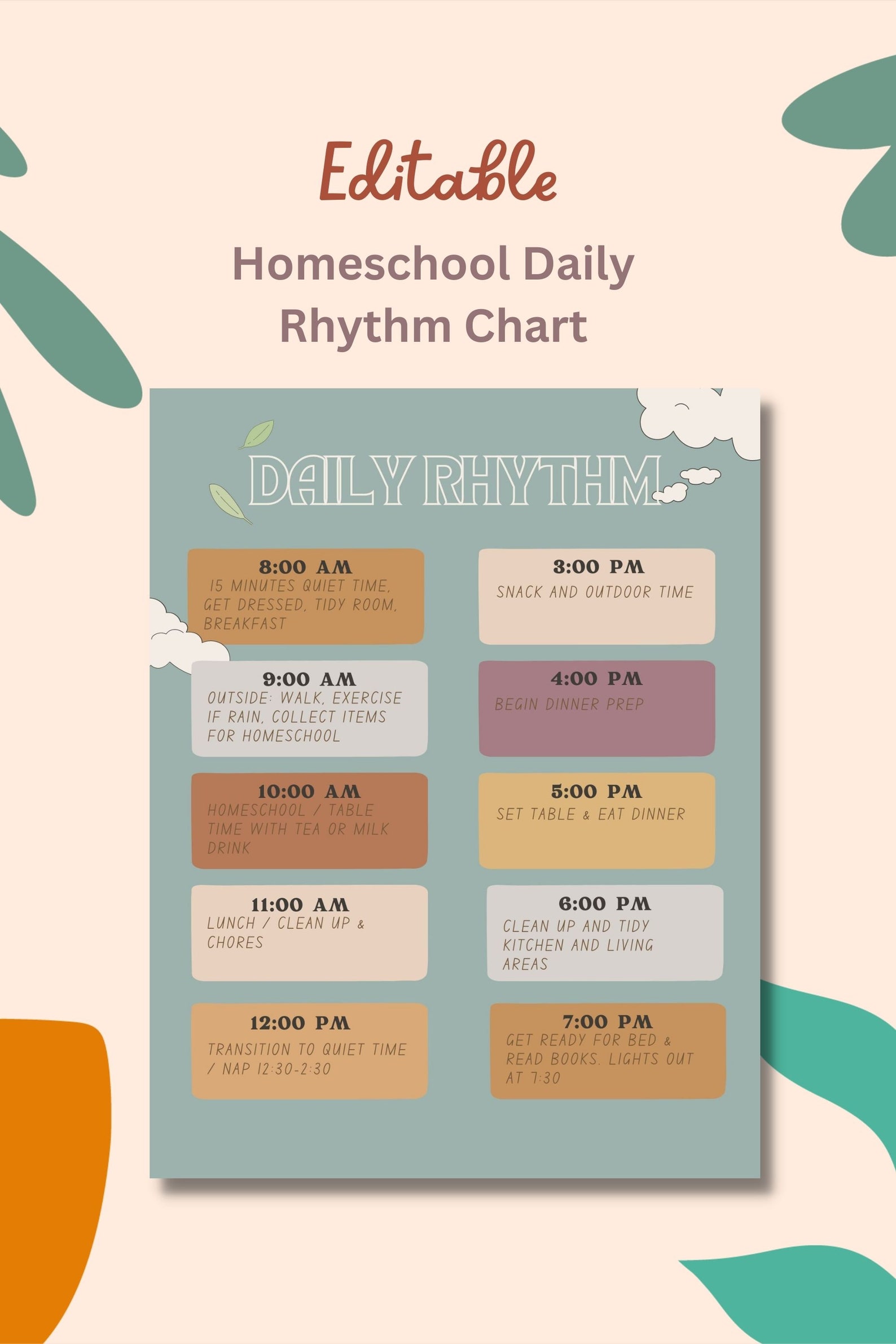 Daily Rhythm Chart, Daily Schedule, Homeschool Routine, Canva Template ...