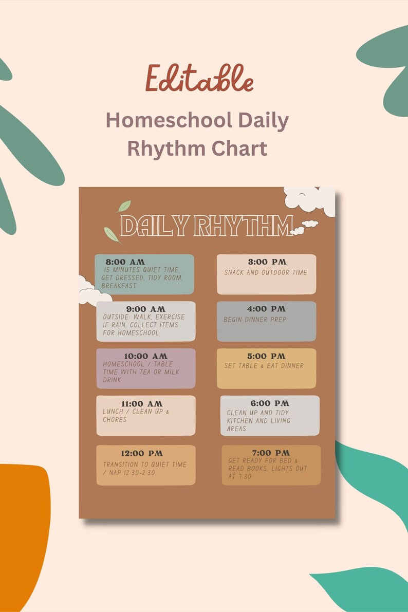 Daily Rhythm Chart, Daily Schedule, Homeschool Routine, Canva Template ...