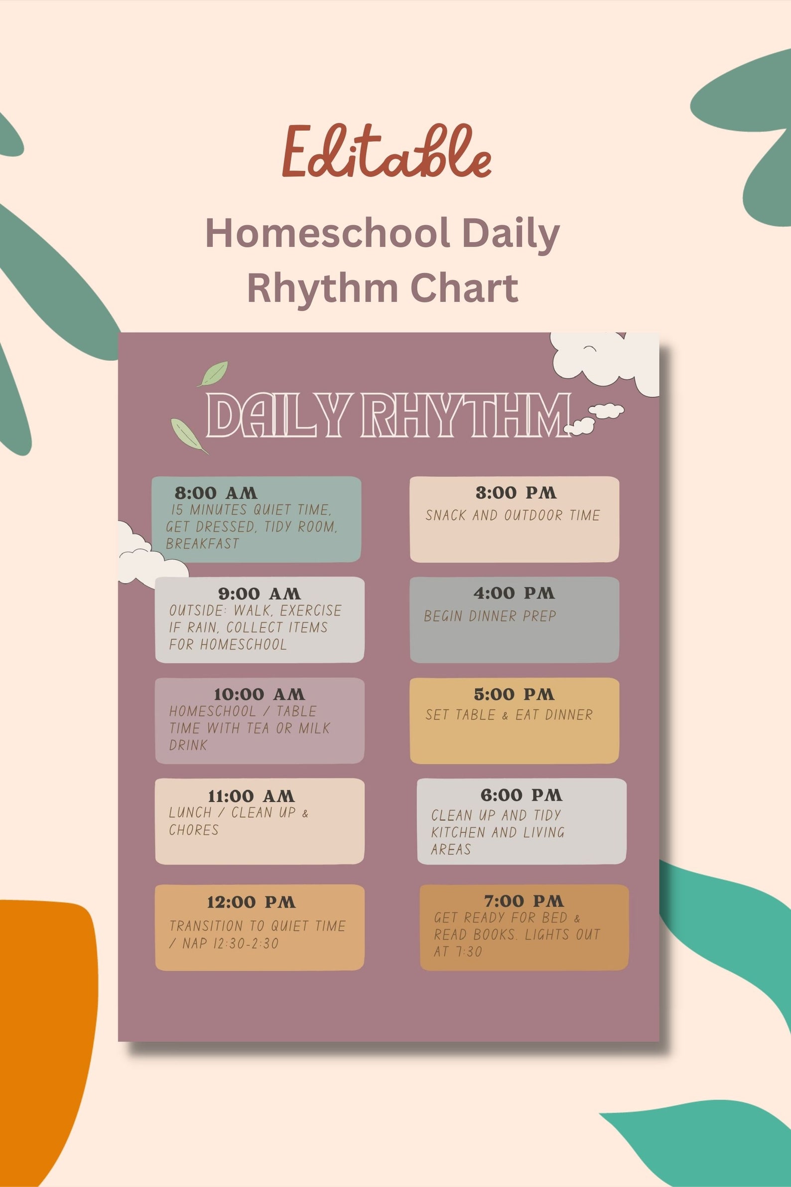 Daily Rhythm Chart, Daily Schedule, Homeschool Routine, Canva Template ...