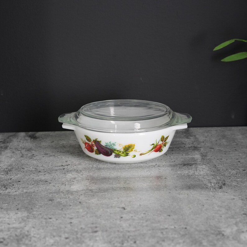 1970s Milk Glass Casserole Dish With Vegetables Design With Lid Pyrex ...