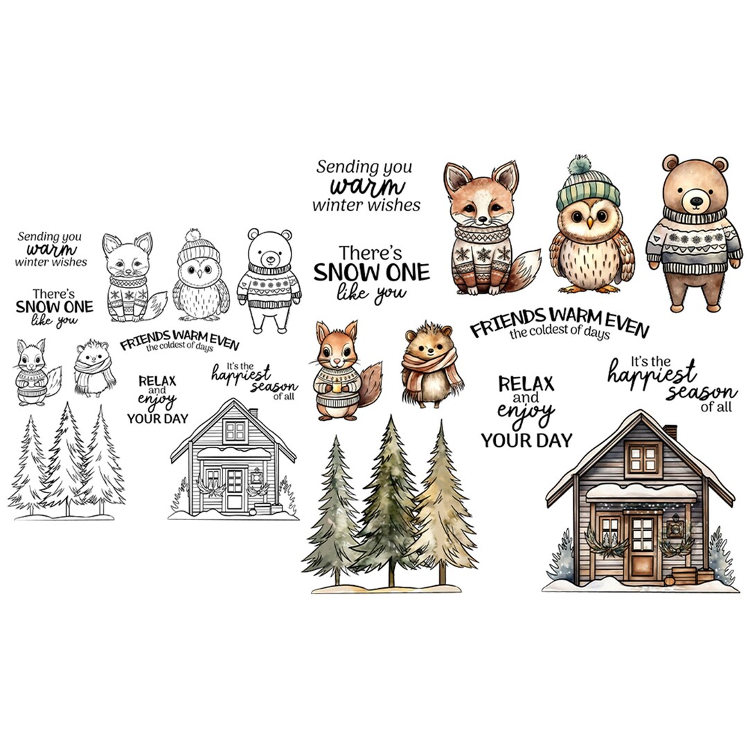 Cute Winter Animals Cottage Christmas Tree Clear Stamp Metal Cutting ...