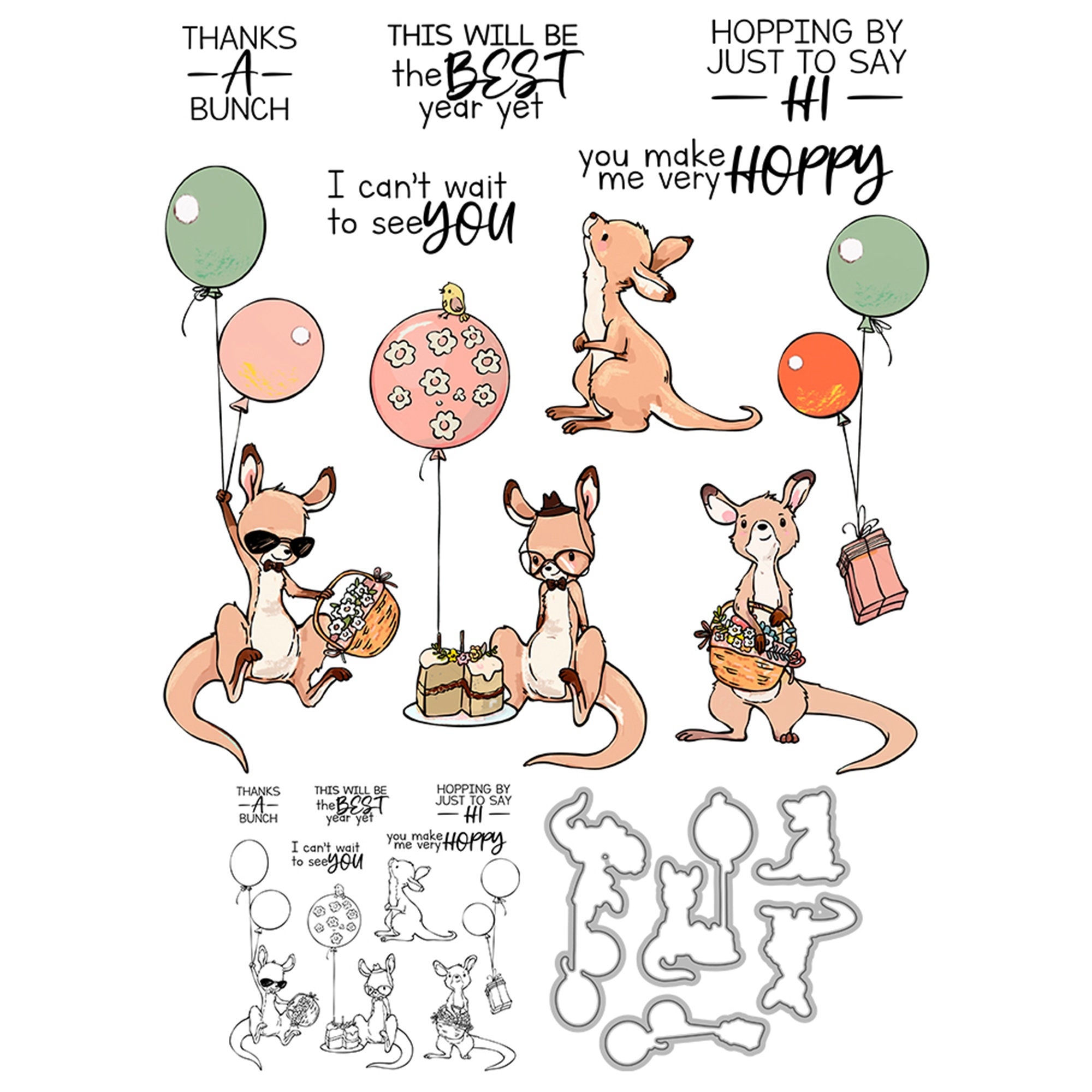 Cute Cartoon Kangaroo and Balloons Stamps and Cutting Dies for Card ...