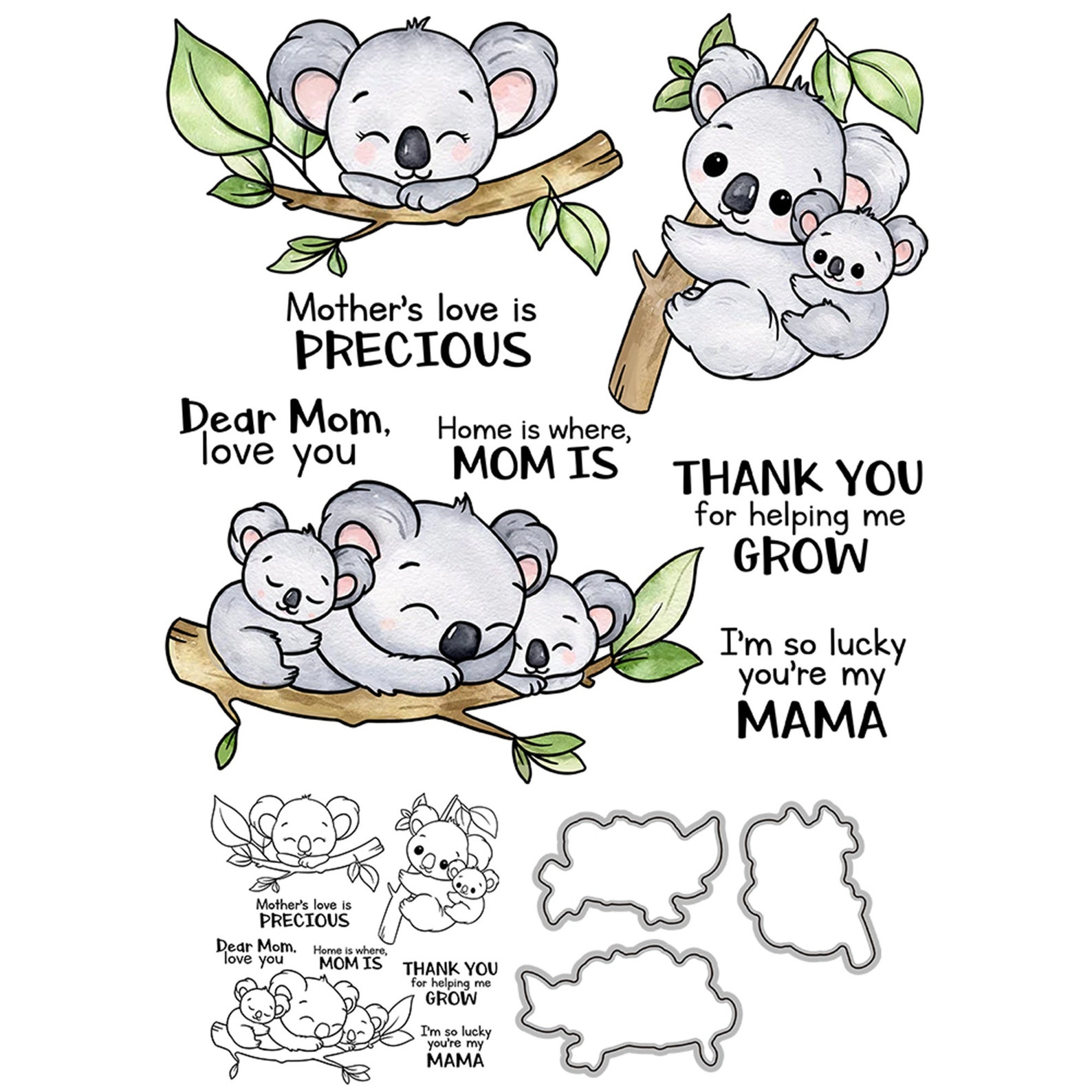 Cute Cartoon Mother & Baby Koala Stamps and Dies Set for Cards Making ...