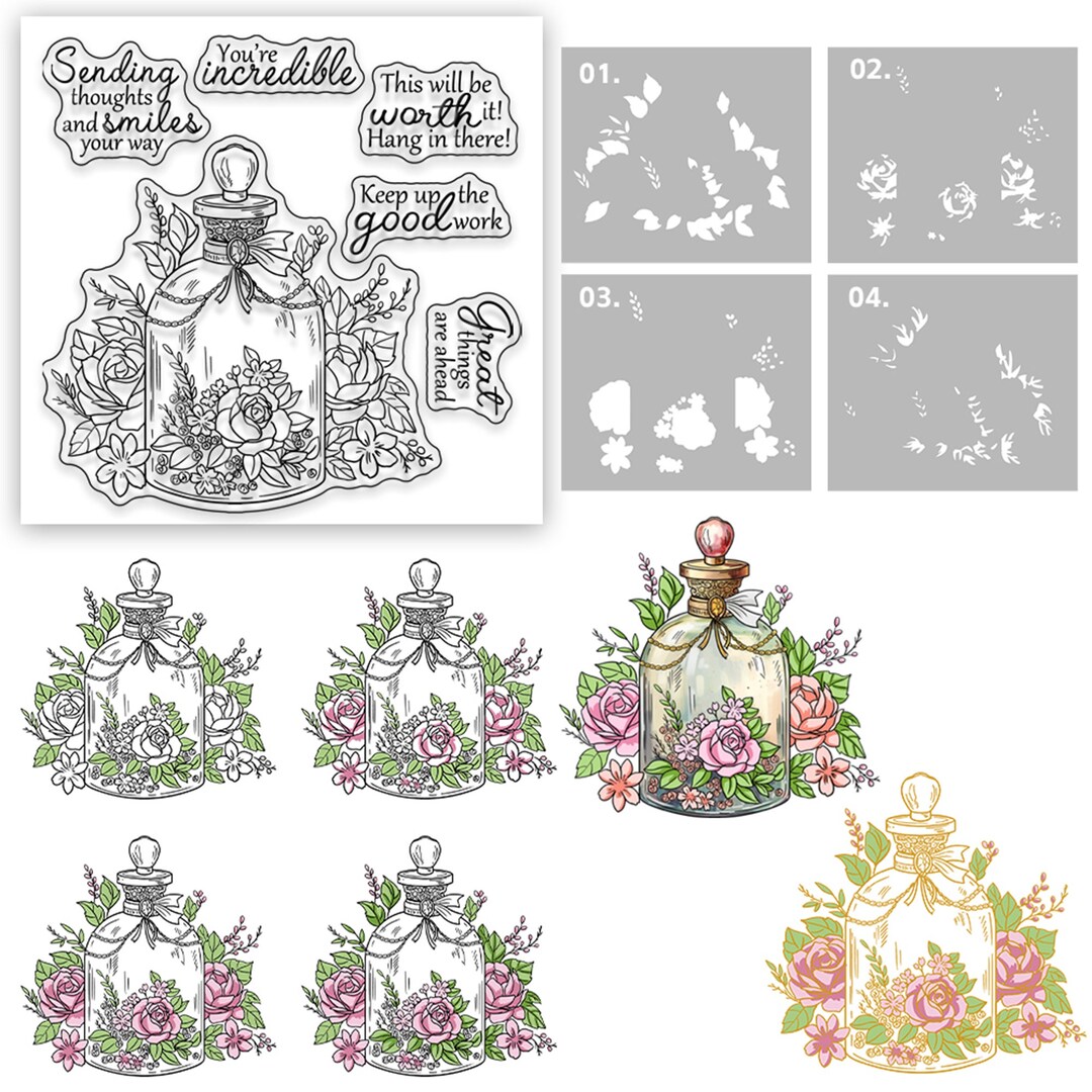 Vintage Roses Perfume Bottle Clear Stamps Metal Cutting Dies Stencils ...