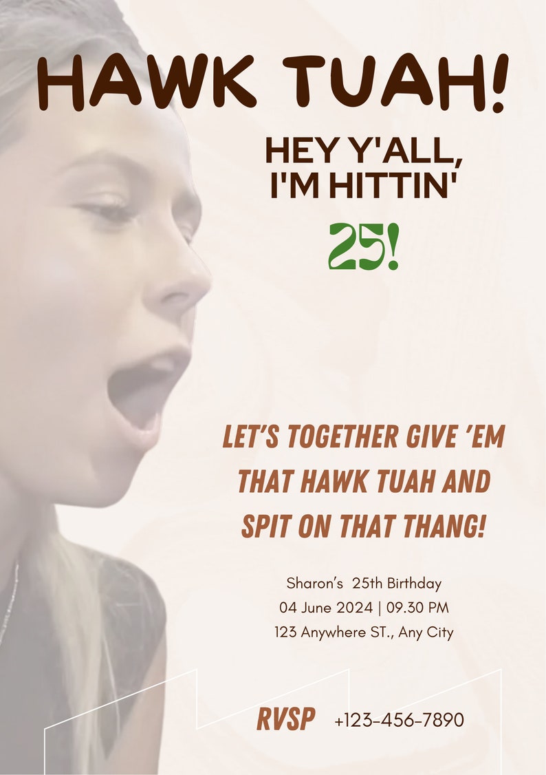 Hawk Tuah Birthday Invitation Template, Modern Birthday Invite Instant ...