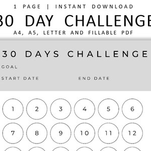 30 Day Challenge, Goal Setting, Progress Tracker, Habit Forming, A4/a5 ...