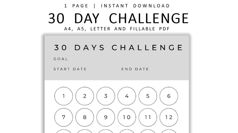 30 Day Challenge, Goal Setting, Progress Tracker, Habit Forming, A4/a5 ...