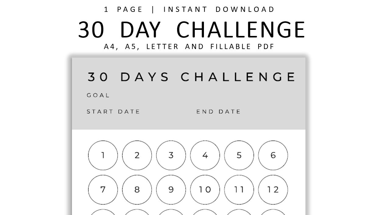 30 Day Challenge, Goal Setting, Progress Tracker, Habit Forming, A4/a5 ...