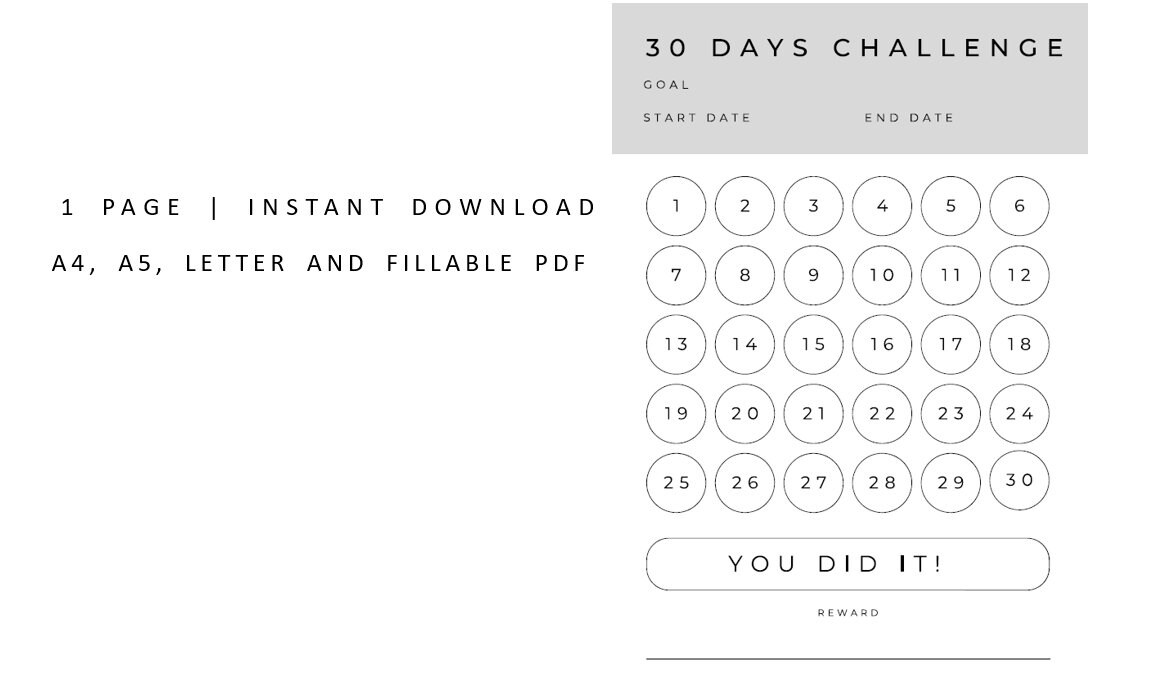 30 Day Challenge, Goal Setting, Progress Tracker, Habit Forming, A4/a5 ...