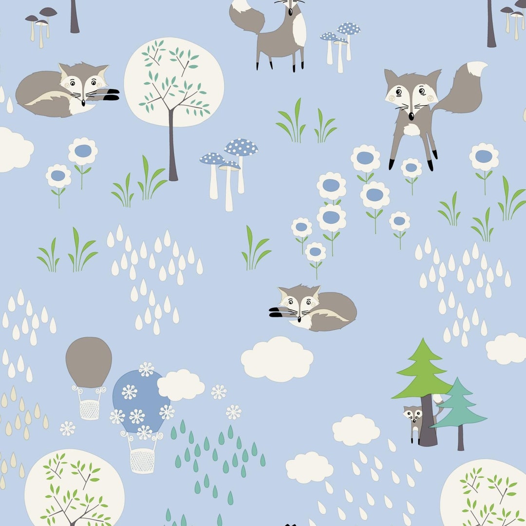 Cotton Cretonne Fabric Fox in the Forest Light Blue Dress - Etsy