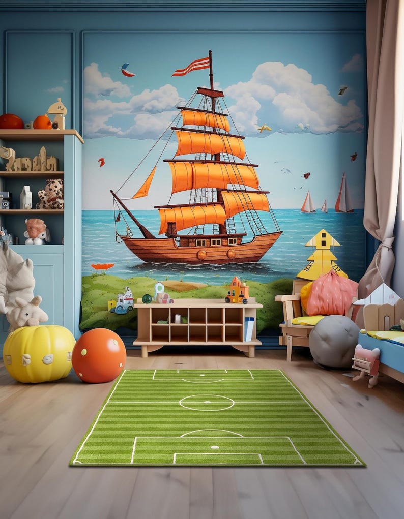 Soccer Field Area Rug - Green Football Pitch Play Mat, Hand-tufted Wool ...
