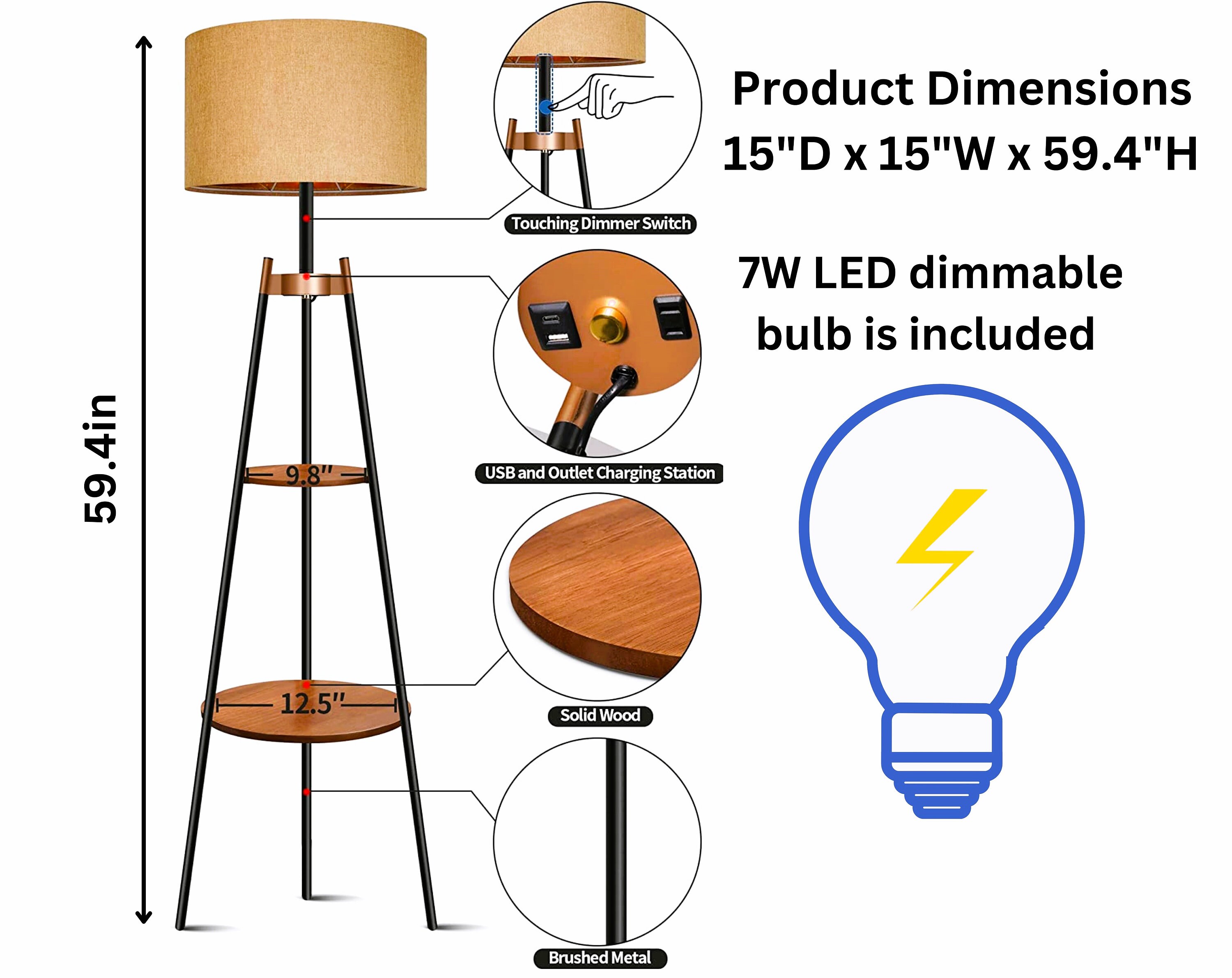 Modern Standing Lamp With Shelves, USB Charging Station, and Dimmable ...