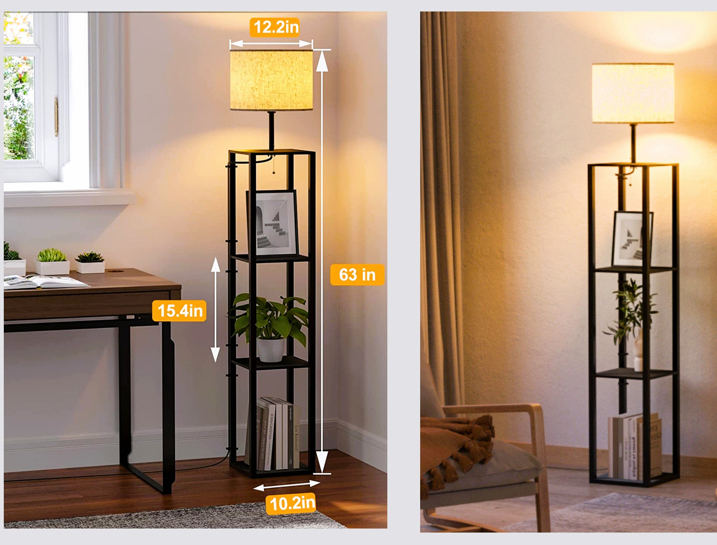 Beautiful Floor Lamp Shelf With LED Bulb, Corner Display Wood Standing ...