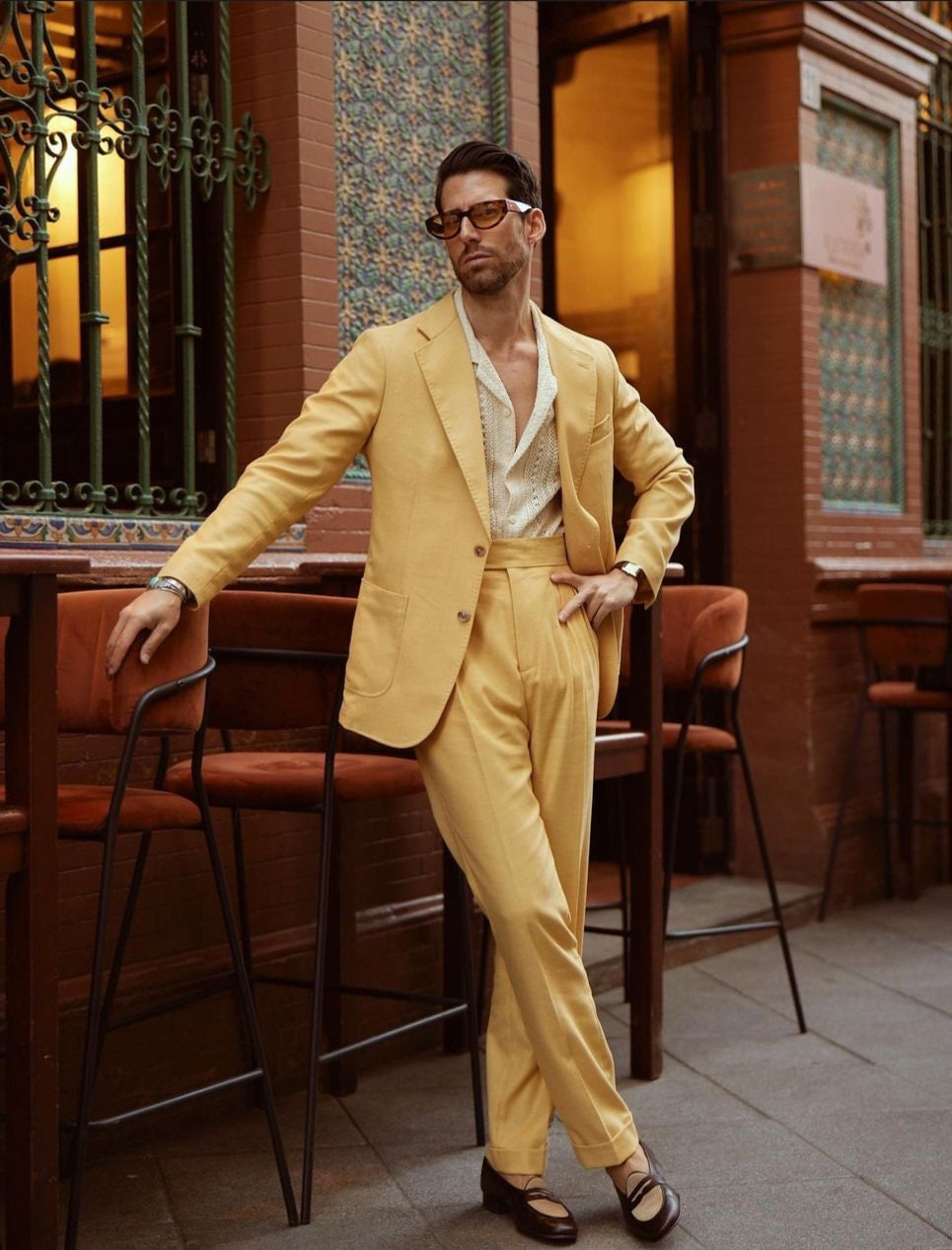 Men's Yellow Suit Men Suits Peak Lapel Wedding Slim Fit Groom Tuxedo ...