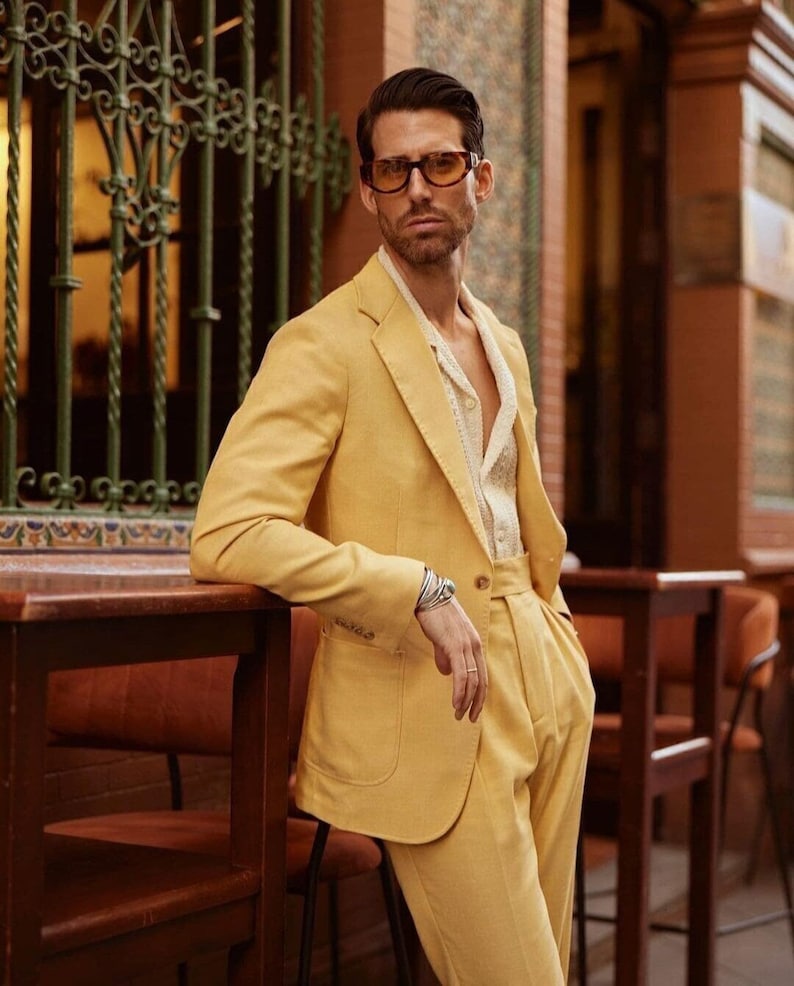 Men's Yellow Suit Men Suits Peak Lapel Wedding Slim Fit Groom Tuxedo ...
