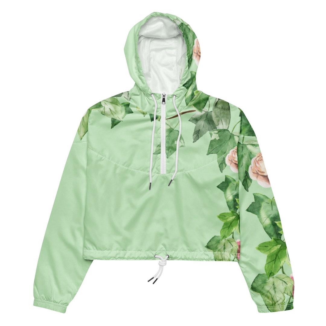 Pink Tea Rose and Green Ivy Women’s Cropped AKA Cutoff Windbreaker ...