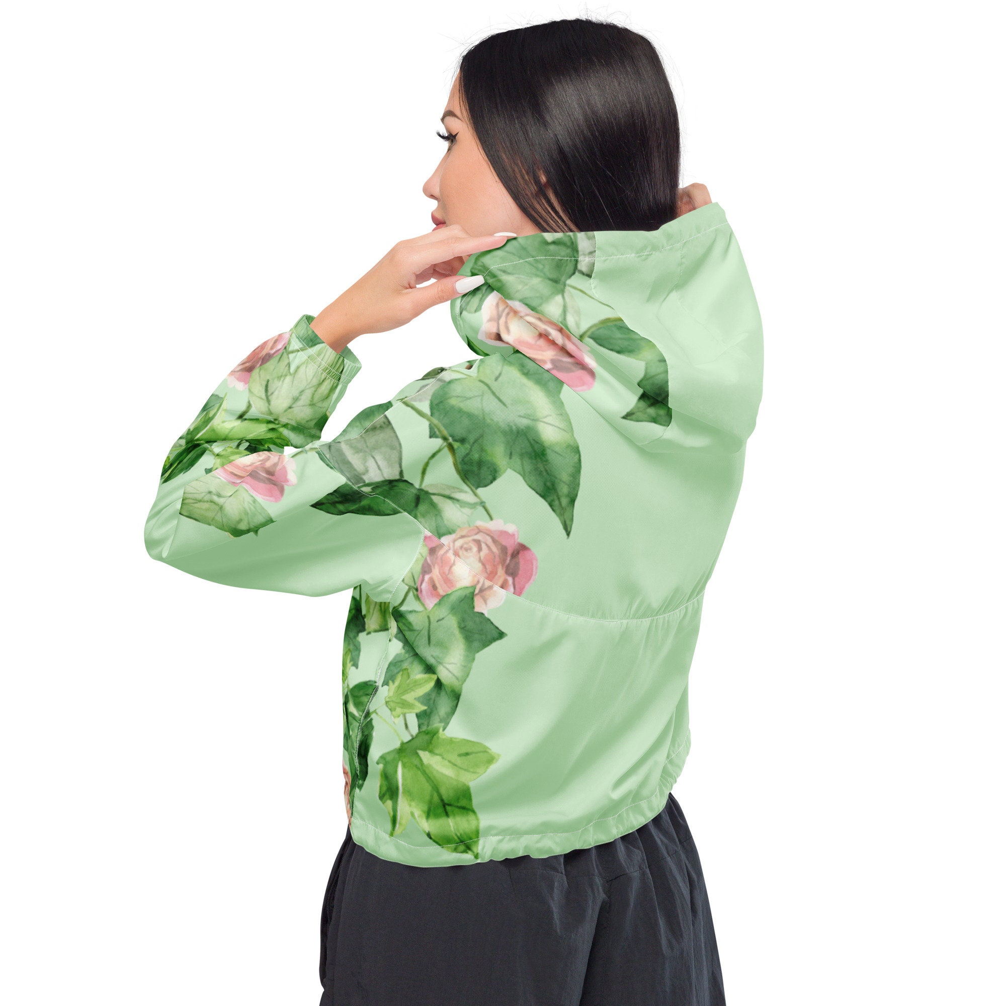 Pink Tea Rose and Green Ivy Women’s Cropped AKA Cutoff Windbreaker ...