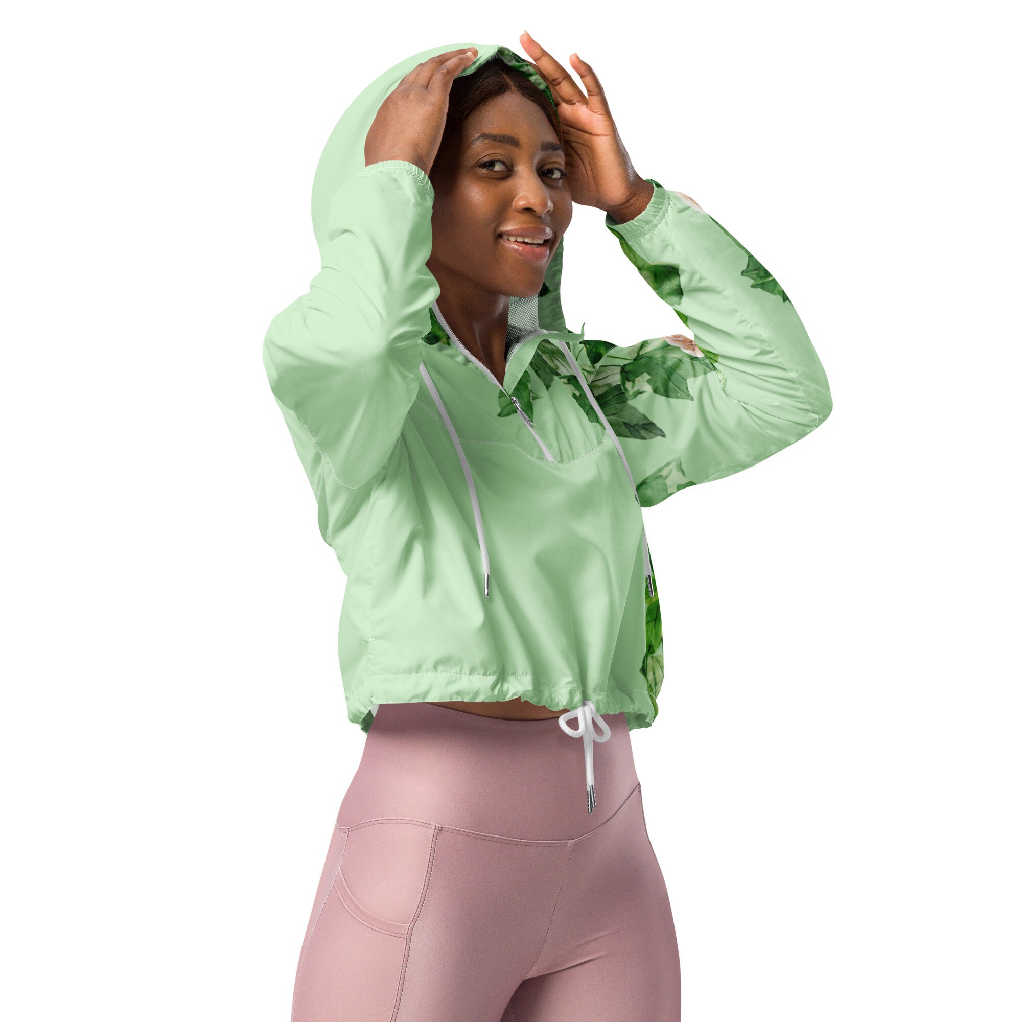 Pink Tea Rose and Green Ivy Womens Cropped AKA Cutoff Windbreaker Pink ...