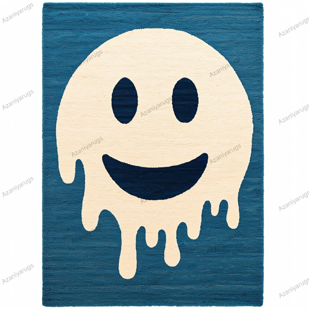 Melting Smiley Face Rug in Bold Blue and Cream Rug for Kids Room Home ...