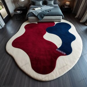 Contemporary Hand Tufted Carpet With Unique Freeform Shape Red Blue ...
