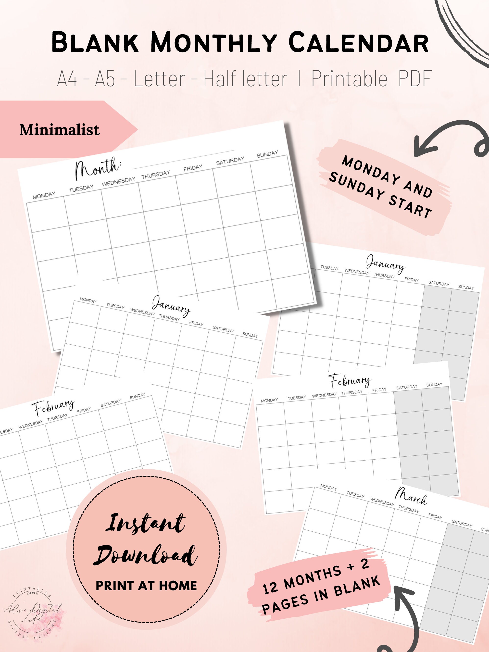 Minimalist Blank Monthly Calendar / PDF / Digital Printable Calendars ...