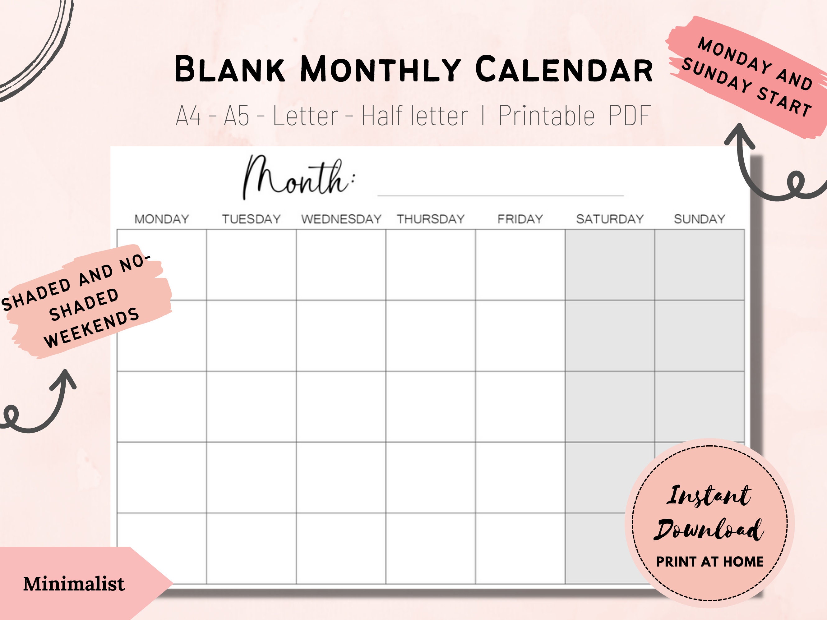 Minimalist Blank Monthly Calendar / PDF / Digital Printable Calendars ...