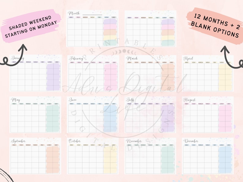 Pastel Rainbow Blank Monthly Calendar / Digital Download / PDF - Etsy