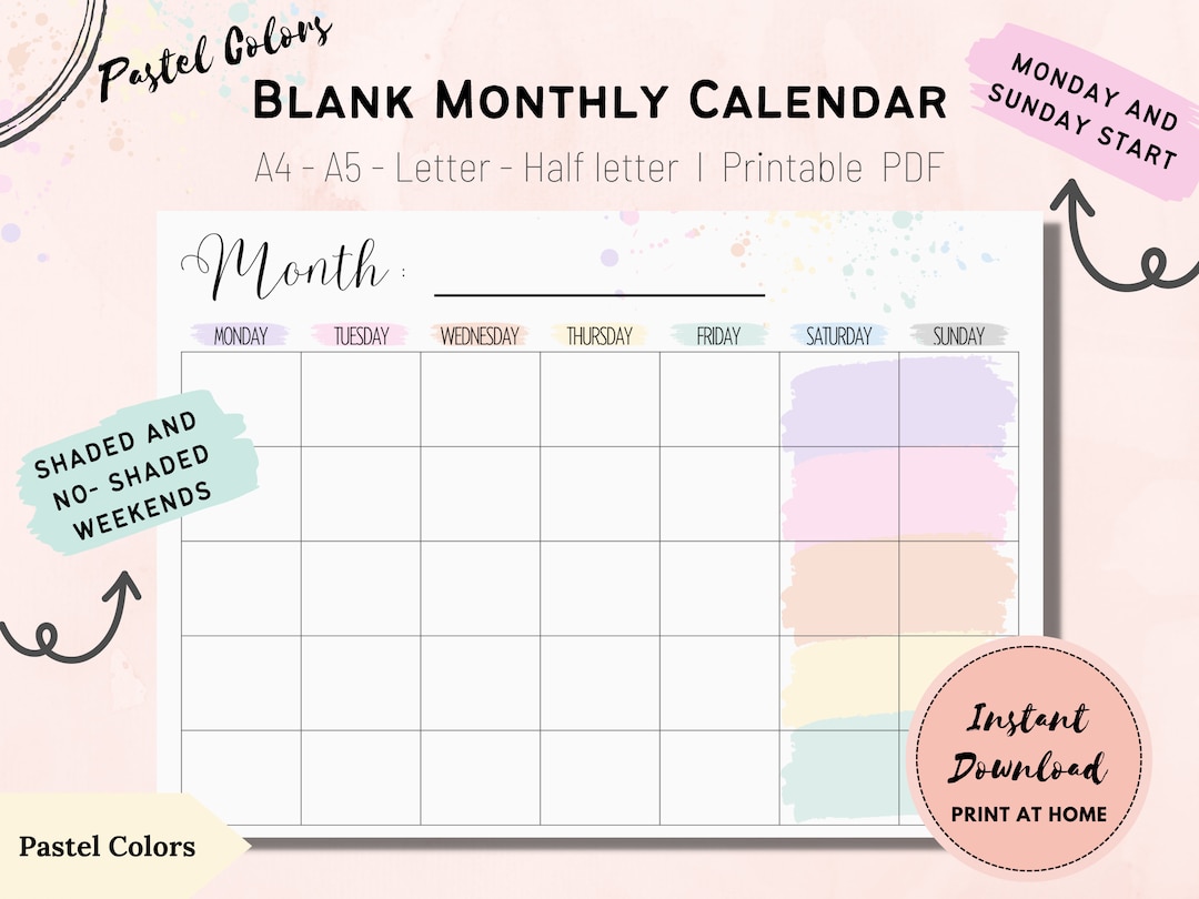 Pastel Rainbow Blank Monthly Calendar / Digital Download / PDF - Etsy UK