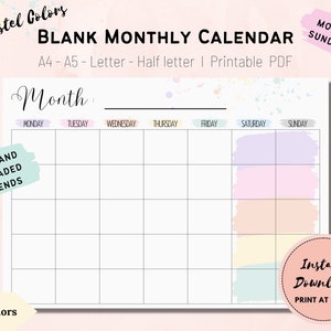 Pastel Rainbow Blank Monthly Calendar / Digital Download / PDF File ...