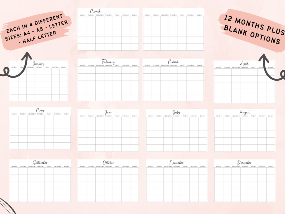 Minimalist Blank Monthly Calendar / PDF / Digital Printable Calendars ...
